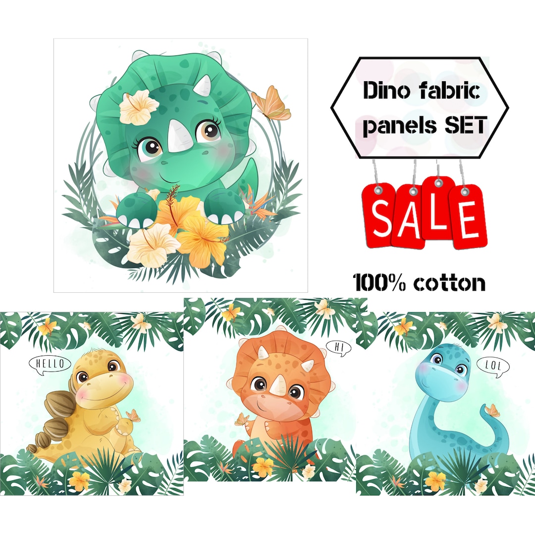 Dinosaur Baby Girl Fabric Panels for Quilting, Dinosaur Cotton Fabric ...