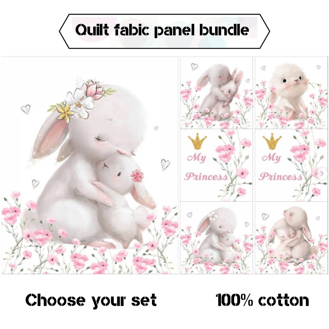 Hare Quilt Fabric Bundle With Flowers, Baby Girl Fabric Panels for ...