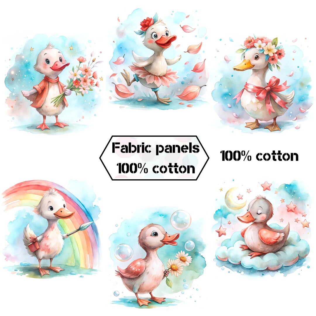Cute Duck Fabric Panels for Quilts, Funny Ducks Children Organic Cotton ...