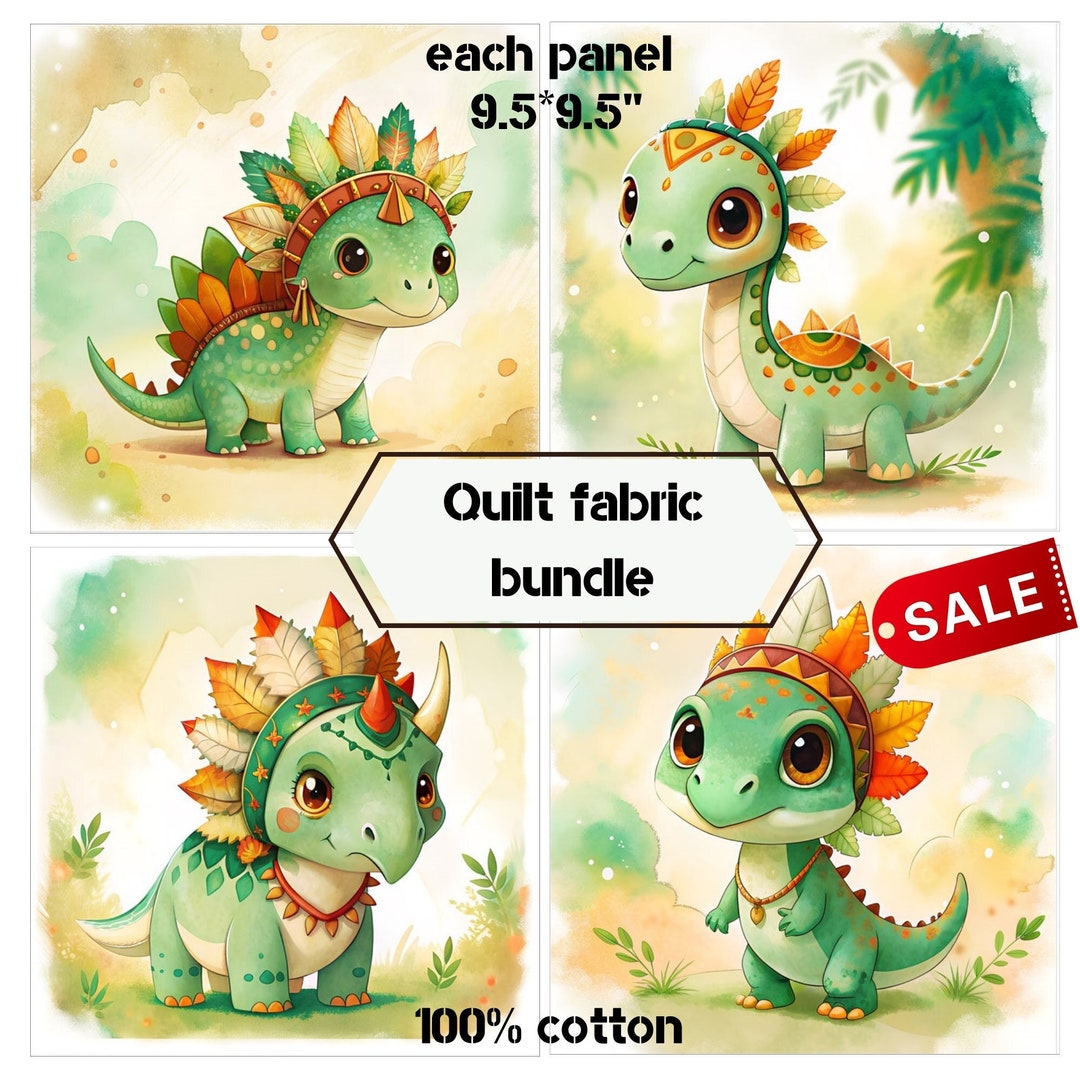 Cute Boho Dinosaur Quilt Fabric Panels, Dinosaur Girl Prints Fabric for ...