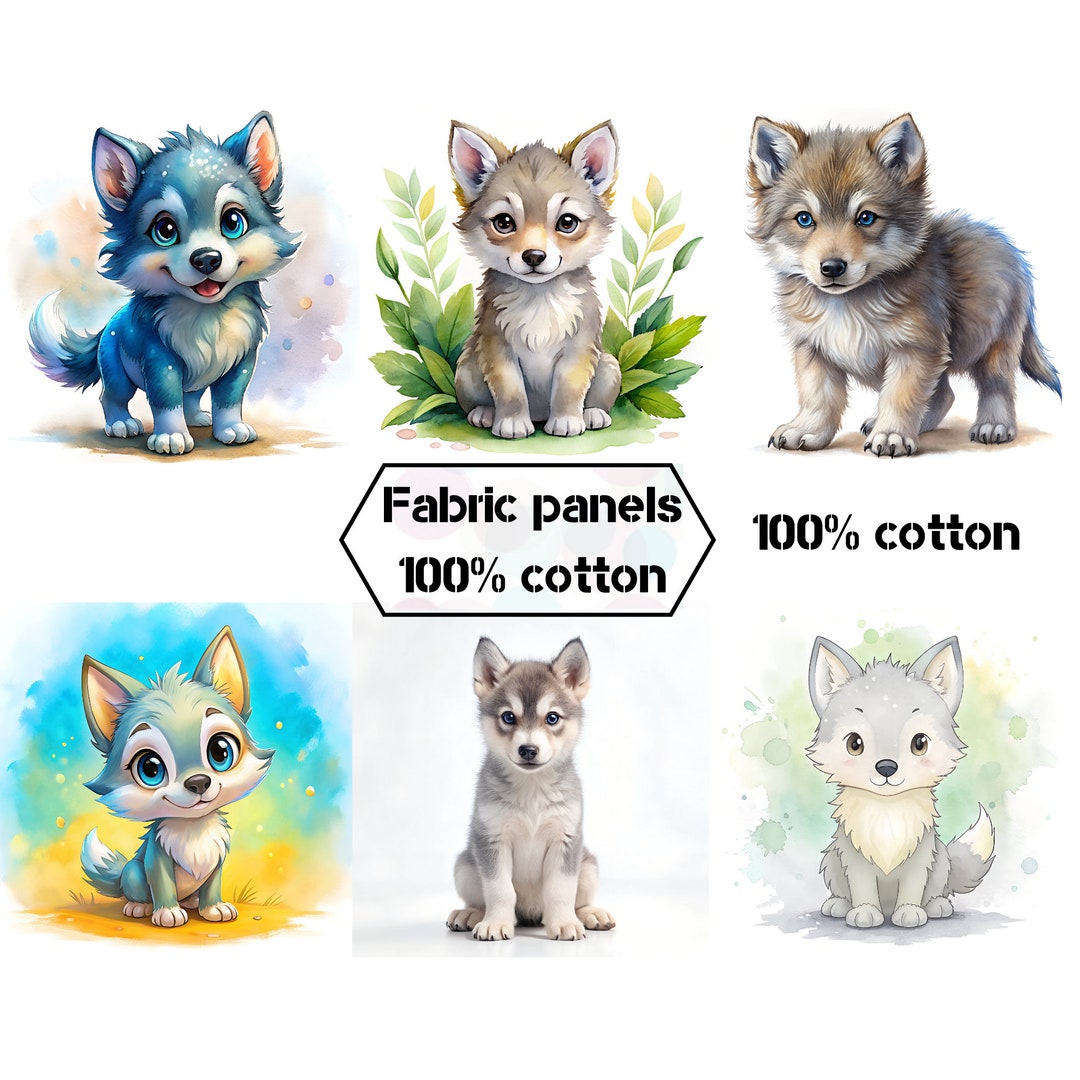 Cute Baby Wolf Fabric Panels for Quilts, Wildlife Organic Cotton Fabric ...