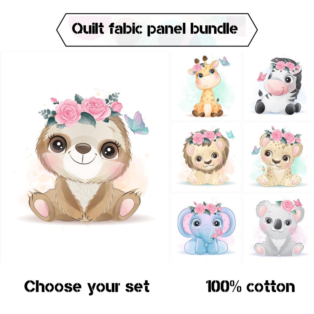 Baby Tier Stoff Panels zum Quilten, Quilt Stoffpaket Faultier, Elefant, Giraffe, Löwe, Koala ...