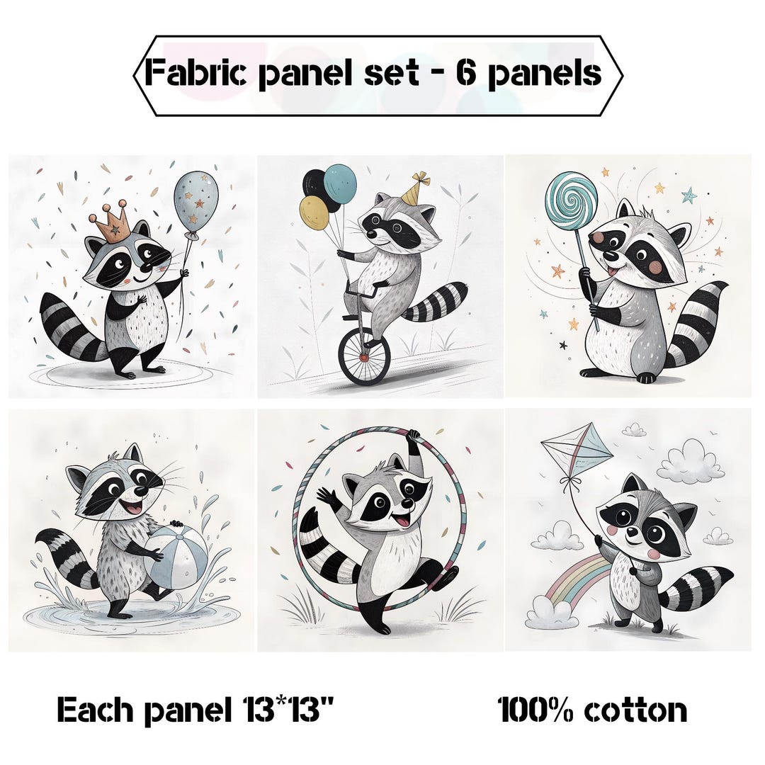 Cute Raccoon Print Quilt Panel Fabric, Funny Raccoon Fabric Panels for ...