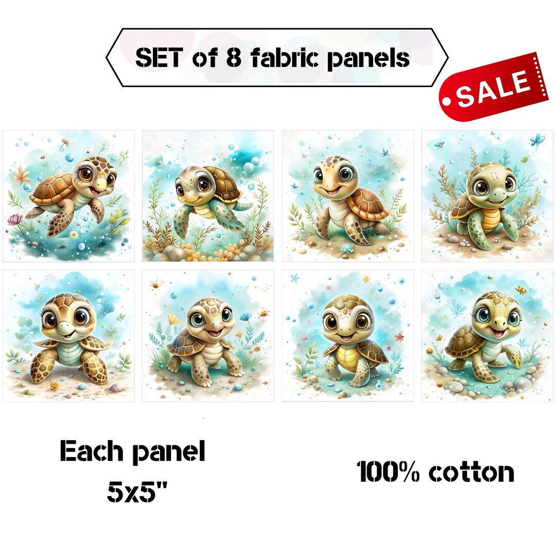 Baby Turtle Quilt Fabric Panels, Sea Life Cotton Fabric Scraps for Baby ...