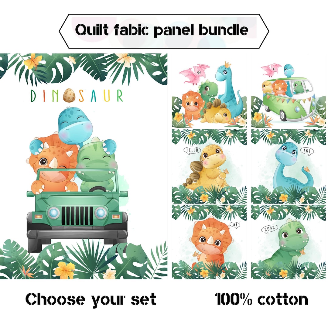 Baby Dinosaur Fabric Panels, Cute Dinosaur Friends Quilt Fabric Bundle ...