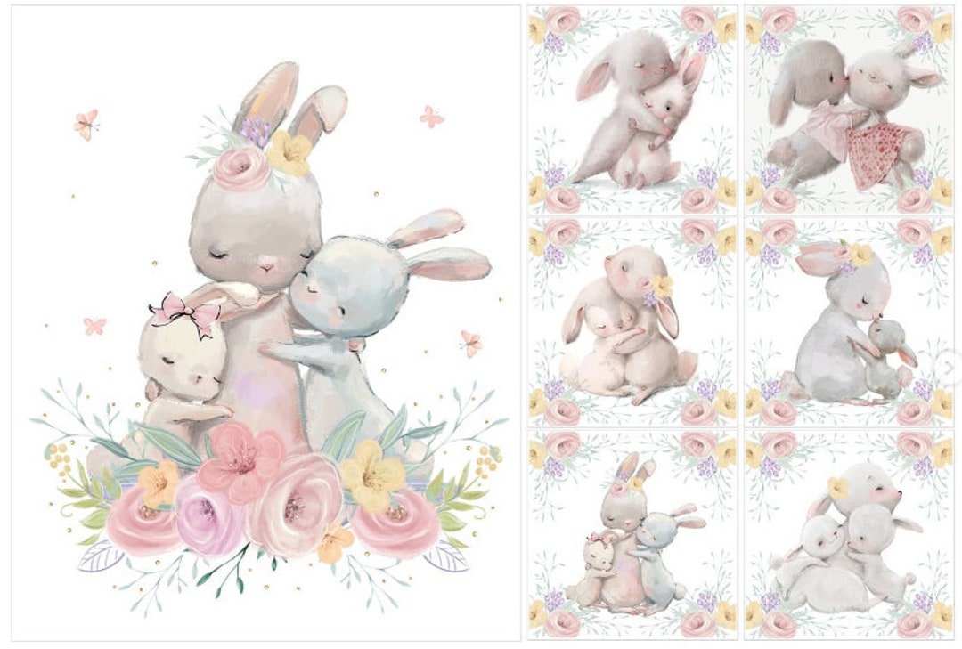 Hare Quilt Fabric Bundle With Flowers, Baby Girl Quilt Panels Fabric ...