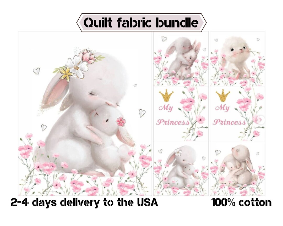 Hare Quilt Fabric Bundle With Flowers, Baby Girl Fabric Panels for ...