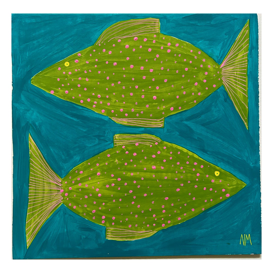 Two Green Fish. on Recycled Cardboard. by Nancy Mckie. Original ...