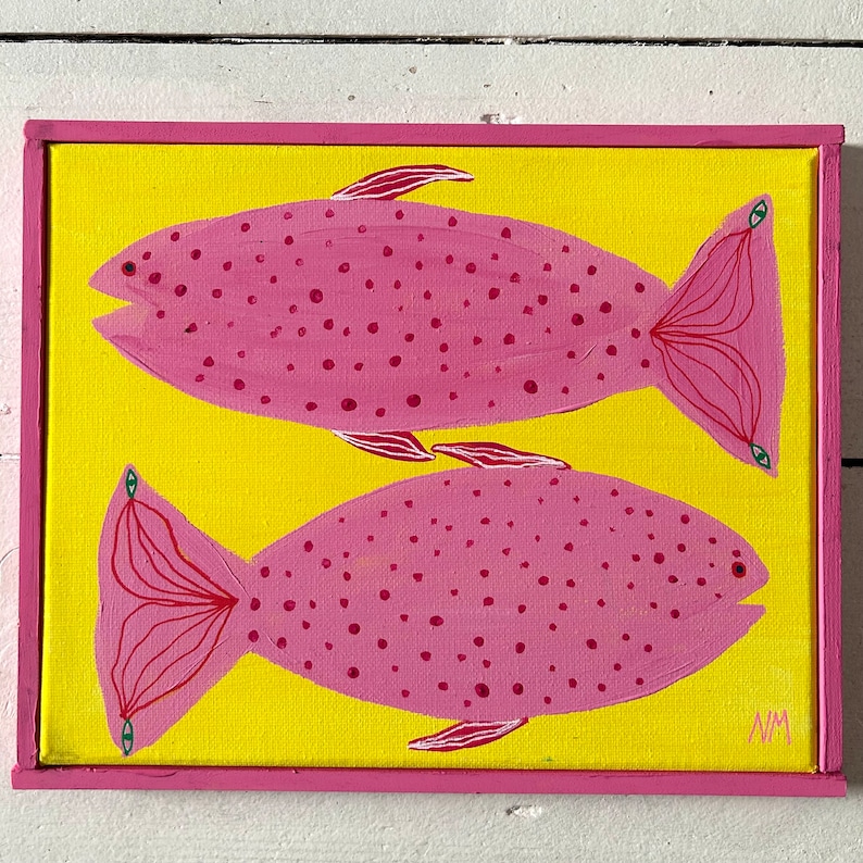 Two Pink Fish. Acrylic Painting on Canvas, in Wooden Frame. by Nancy ...