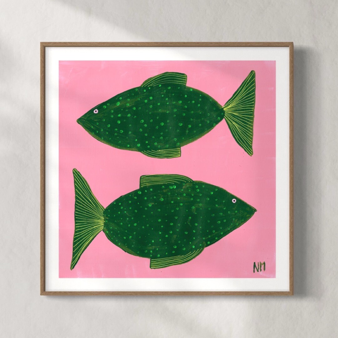 Two Green Fish on Pink Print. Original Art Painting. Giclee Print. Kids ...