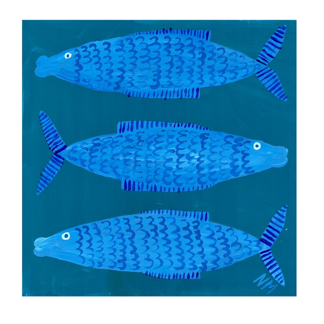 Three Blue Fish Print. Original Art Painting. Square Print. Home Decor ...