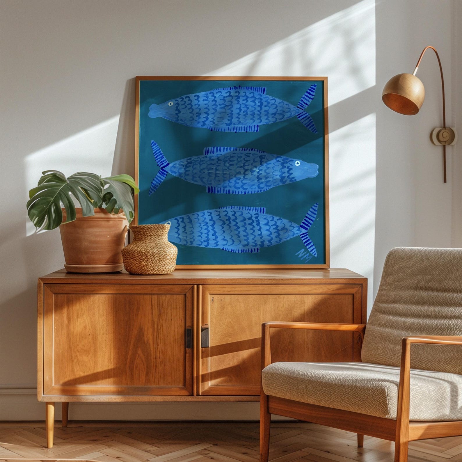 Three Blue Fish Print. Original Art Painting. Square Print. Home Decor ...