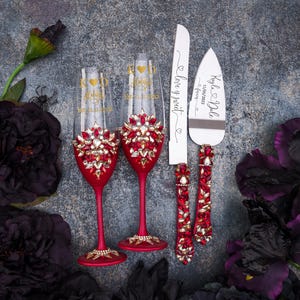 Red Wedding Cake Cutting Set,red Gold Wedding Cake Knives, Wedding Gold ...