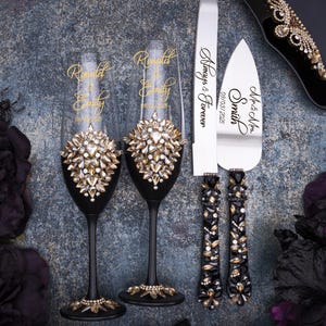 Black Wedding Cake Cutting Set, Black Gold Wedding Cake Knives, Wedding ...