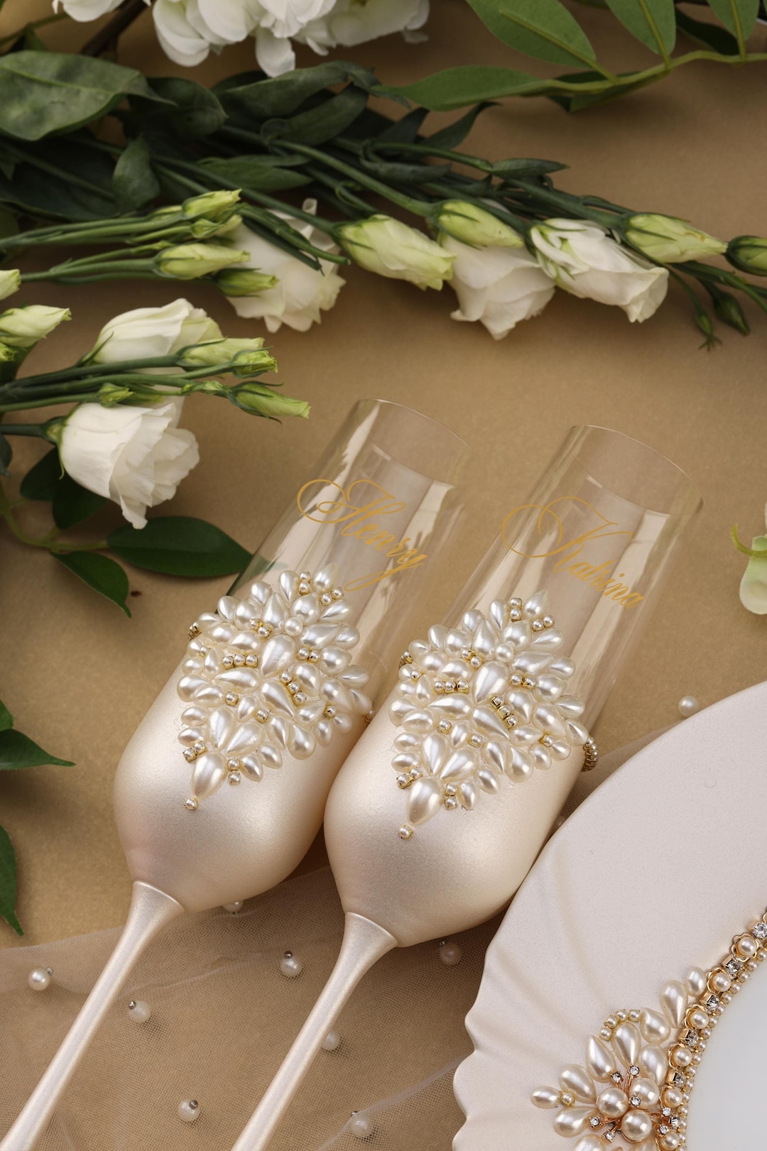 Pearl Wedding Champagne Glasses, Ivory Pearl Wedding Glasses, Wedding ...
