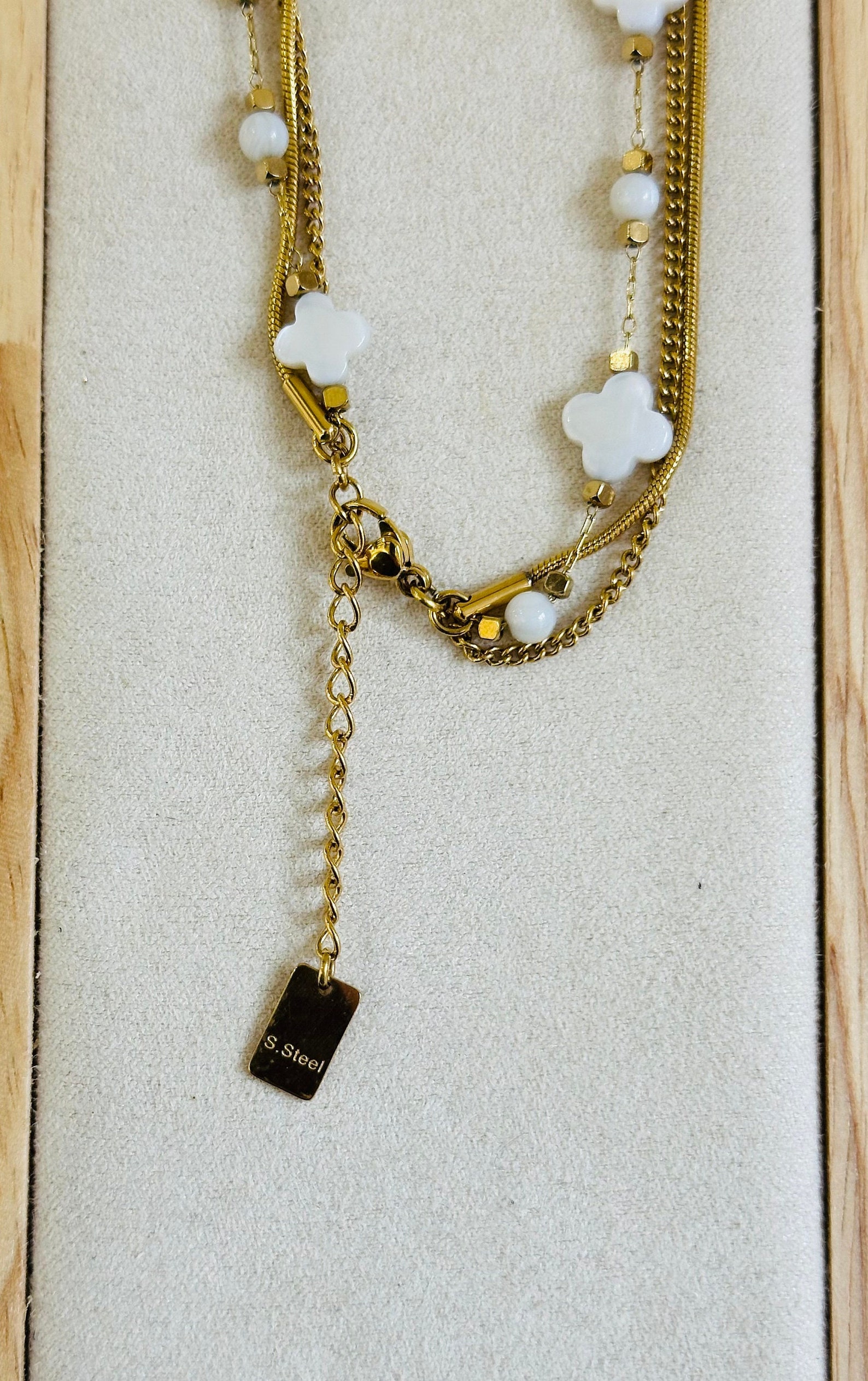 Three Row Necklace With Pearls - Stainless Steel - Gold Plated ...