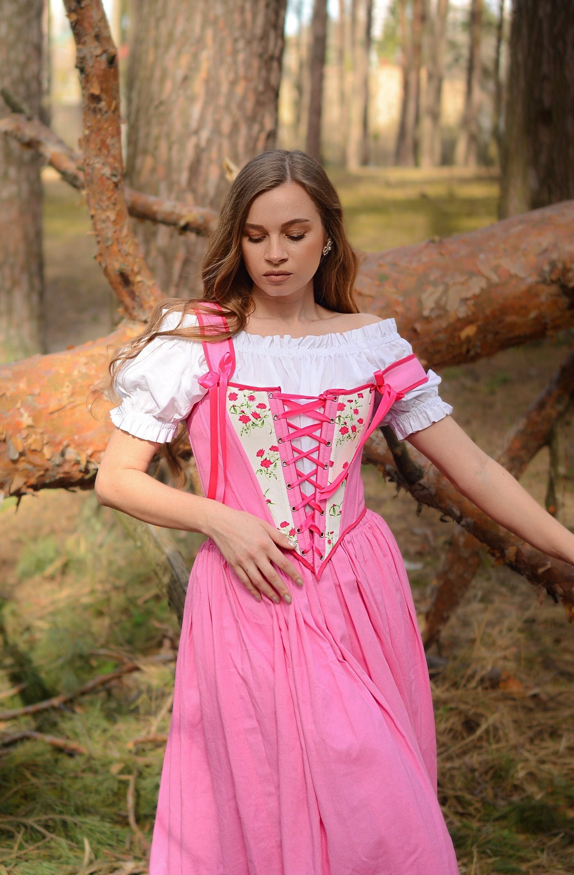 Renaissance Linen Dress, Pink Corset Dress, Princess Waist Cottagecore ...