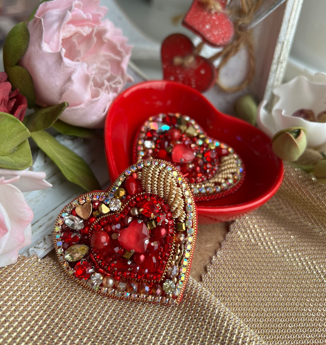 Heart Red Valentines Brooch - Beaded Embroidered Brooch - Red Brooch ...