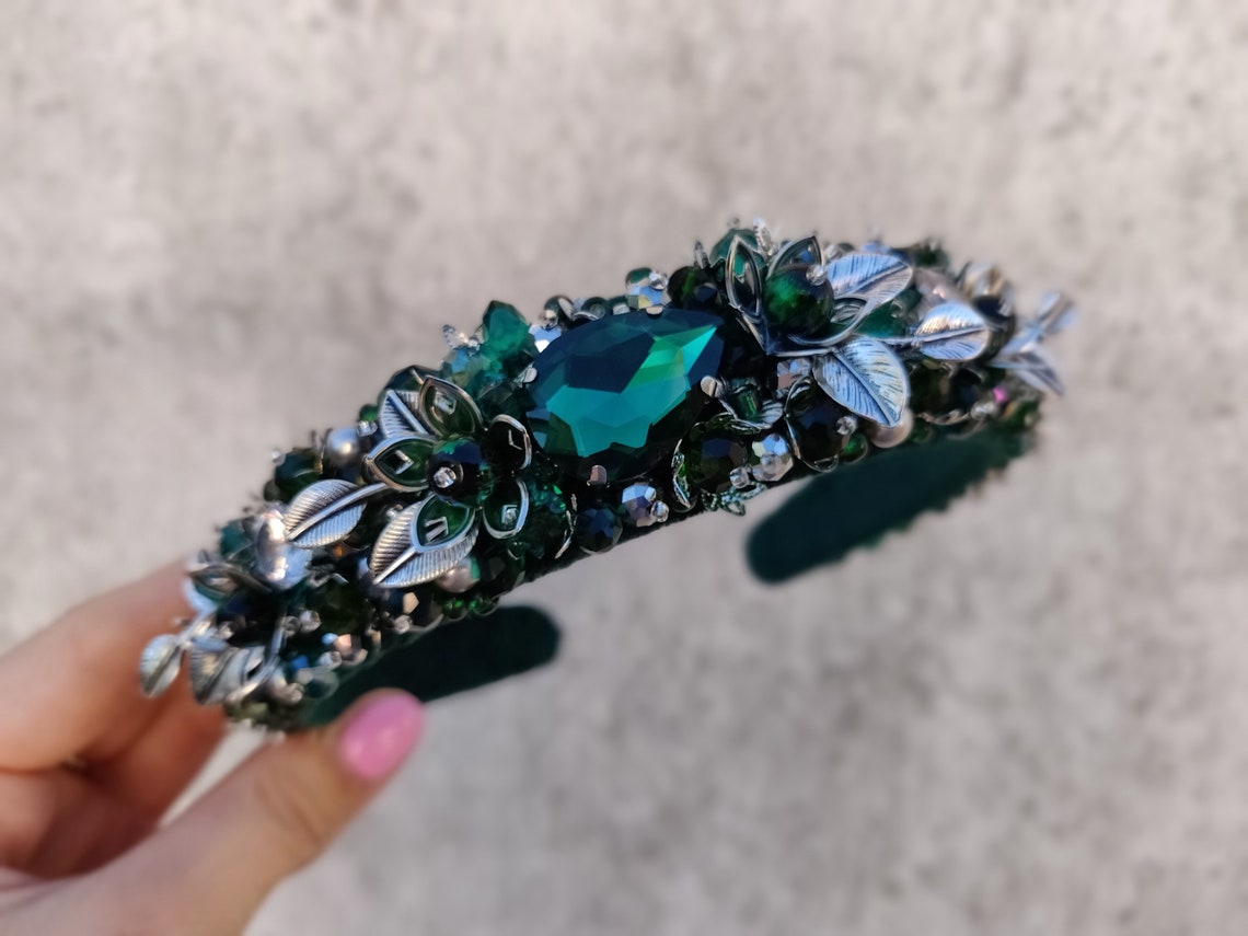 Jeweled Headband Beaded Headbands for Women Emerald Silver Crystal ...