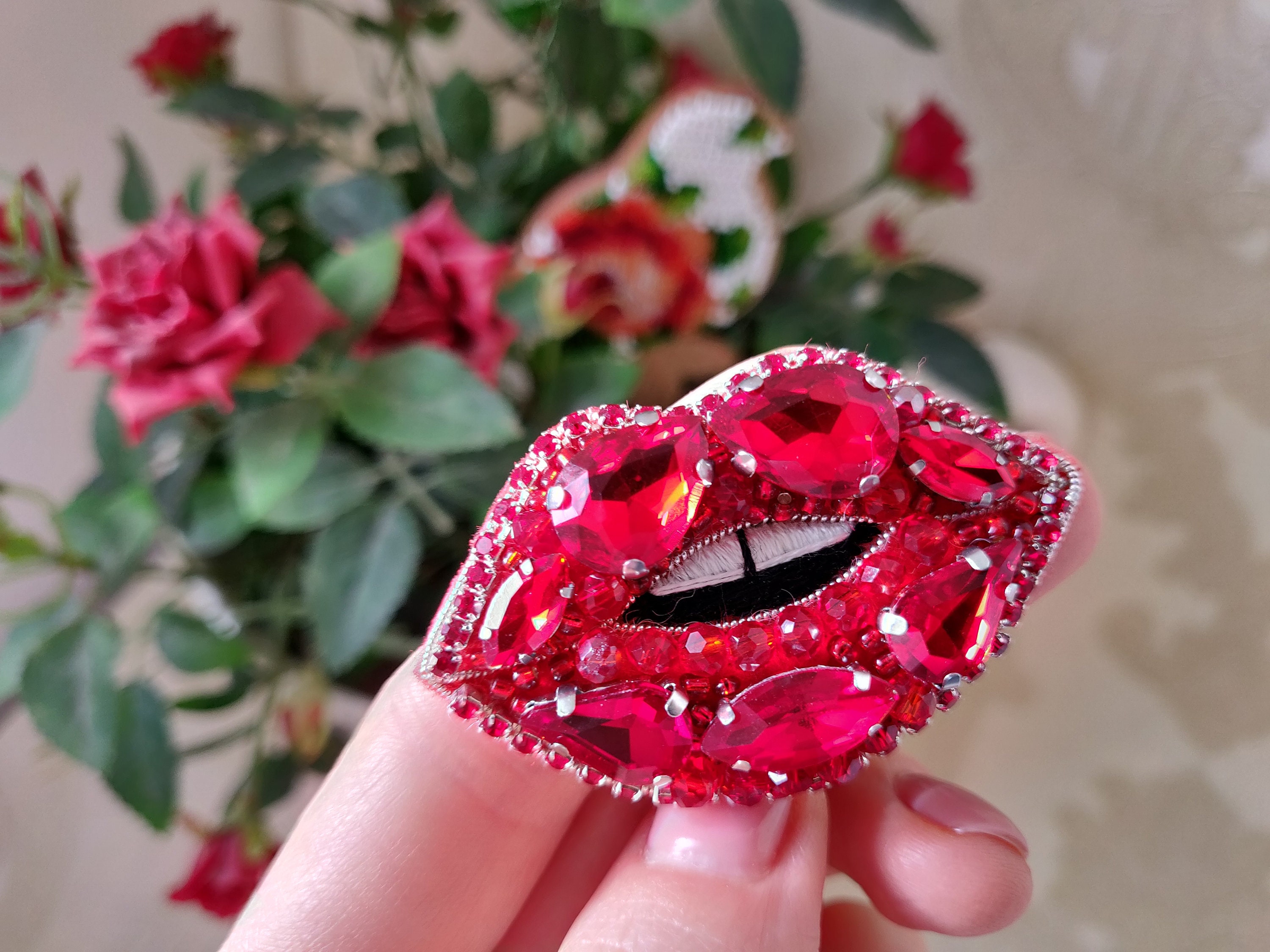 Hot Sweet Red Lips Beaded Embroidered Brooch Red Brooch - Etsy