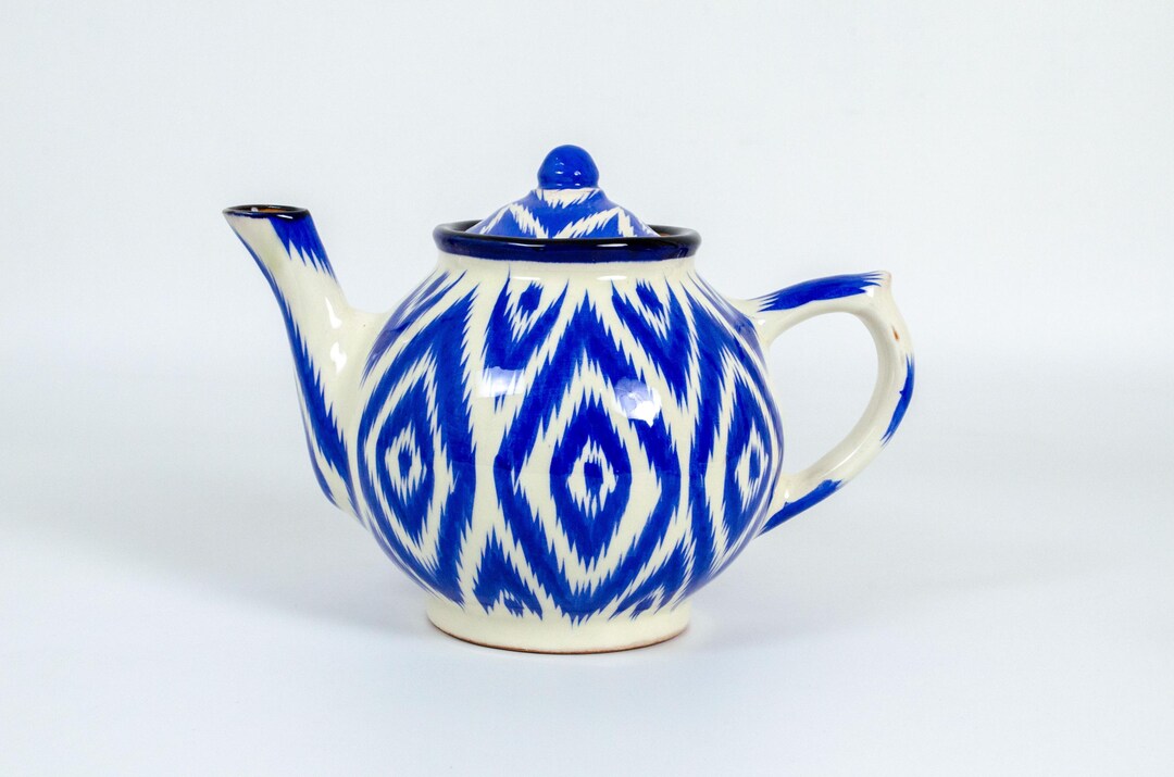 Big Uzbek Ikat Ceramic Teapot Hand Painted Handmade Rishtan Ferghana ...