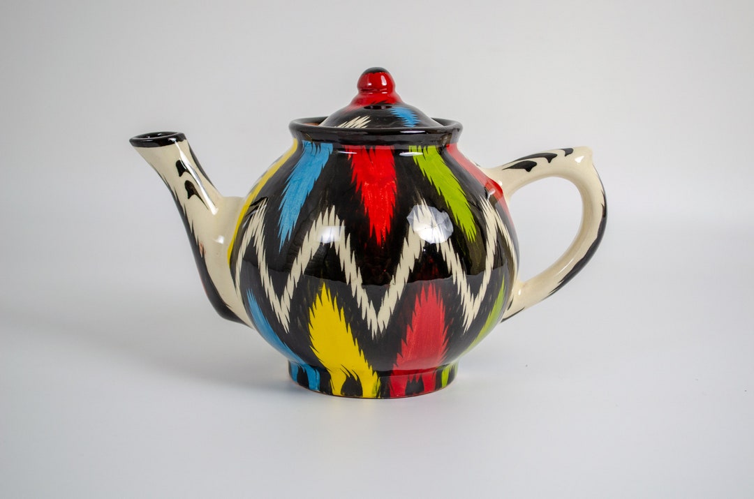 Big Uzbek Ikat Ceramic Teapot Hand Painted Handmade Rishtan Ferghana ...