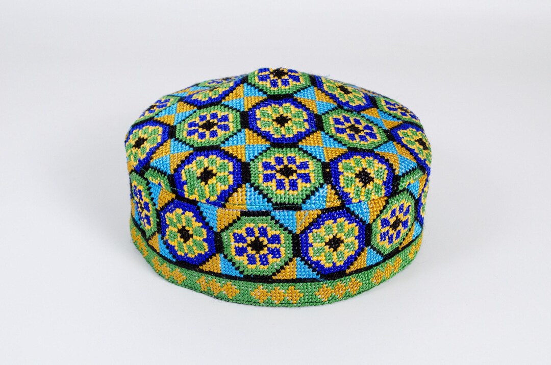 23.2" Uzbek Kufi Cap Authentic Uzbek Doppi Traditional Hand-embroidered ...