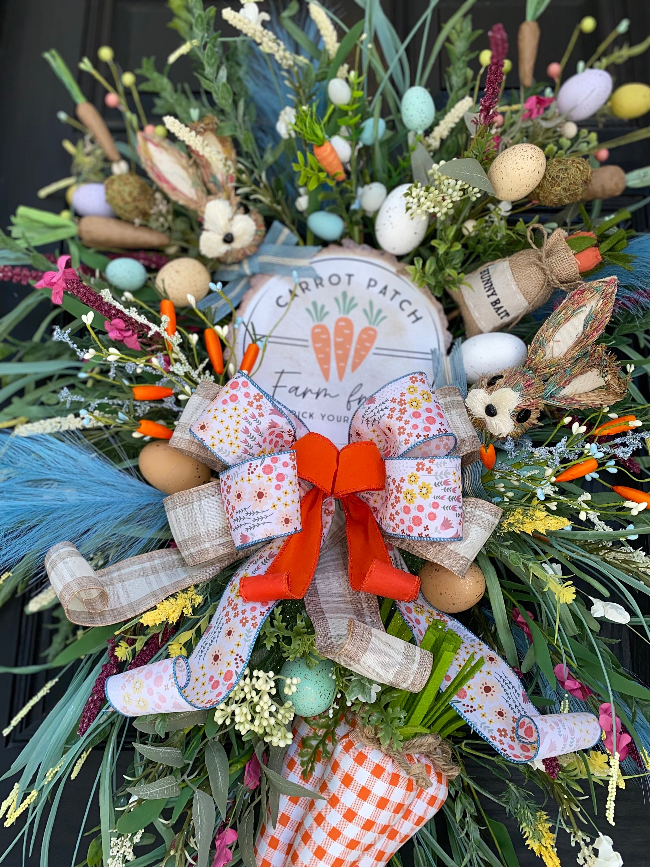 Carrot Patch Easter Bunny Wreath, Sisal Bunny Head, Spring Decor, Carrot and Easter Egg Door ...