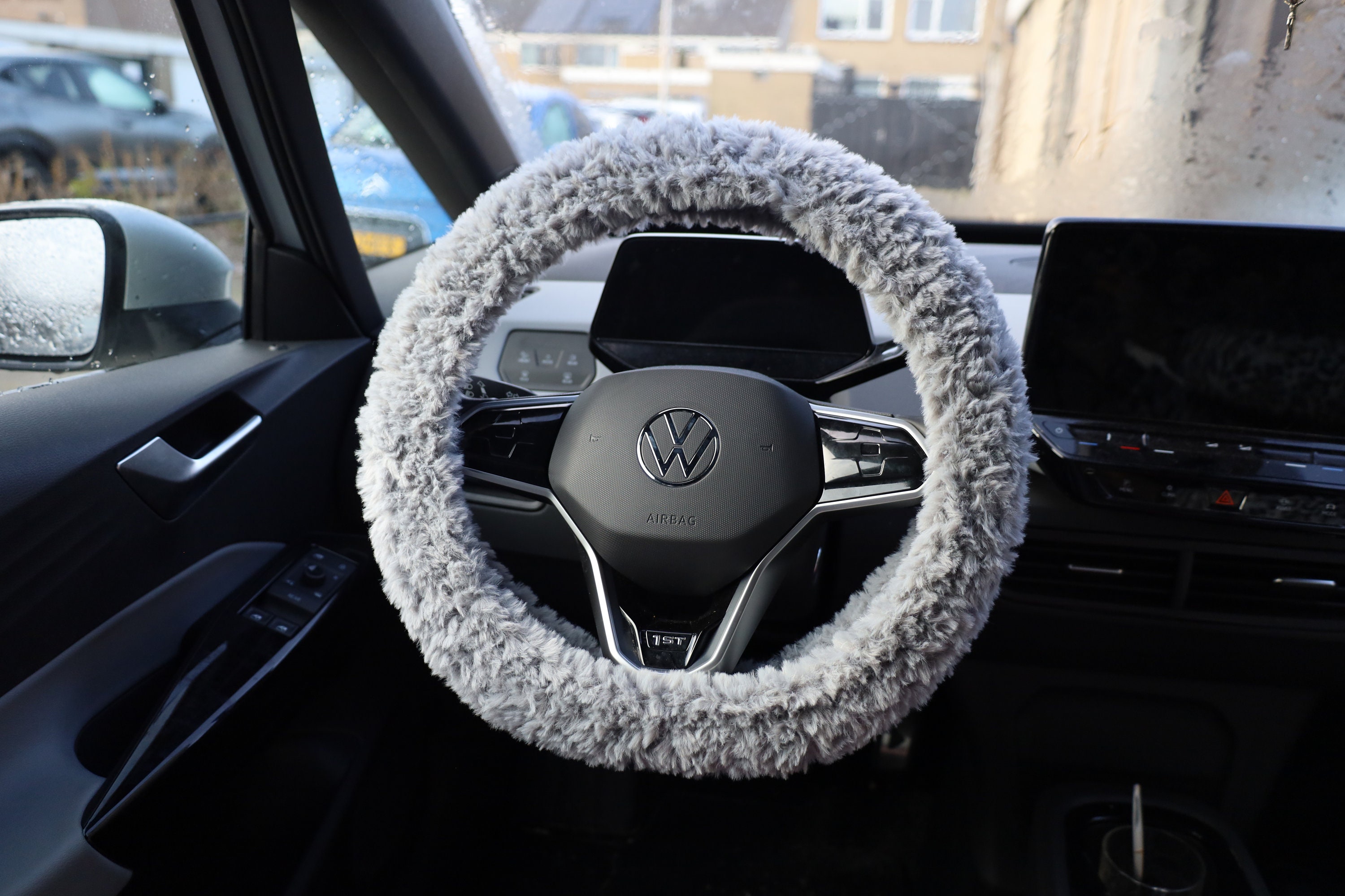 Cute Fluffy Soft Grey Car Steering Wheel Cover, Crochet Steering Wheel ...