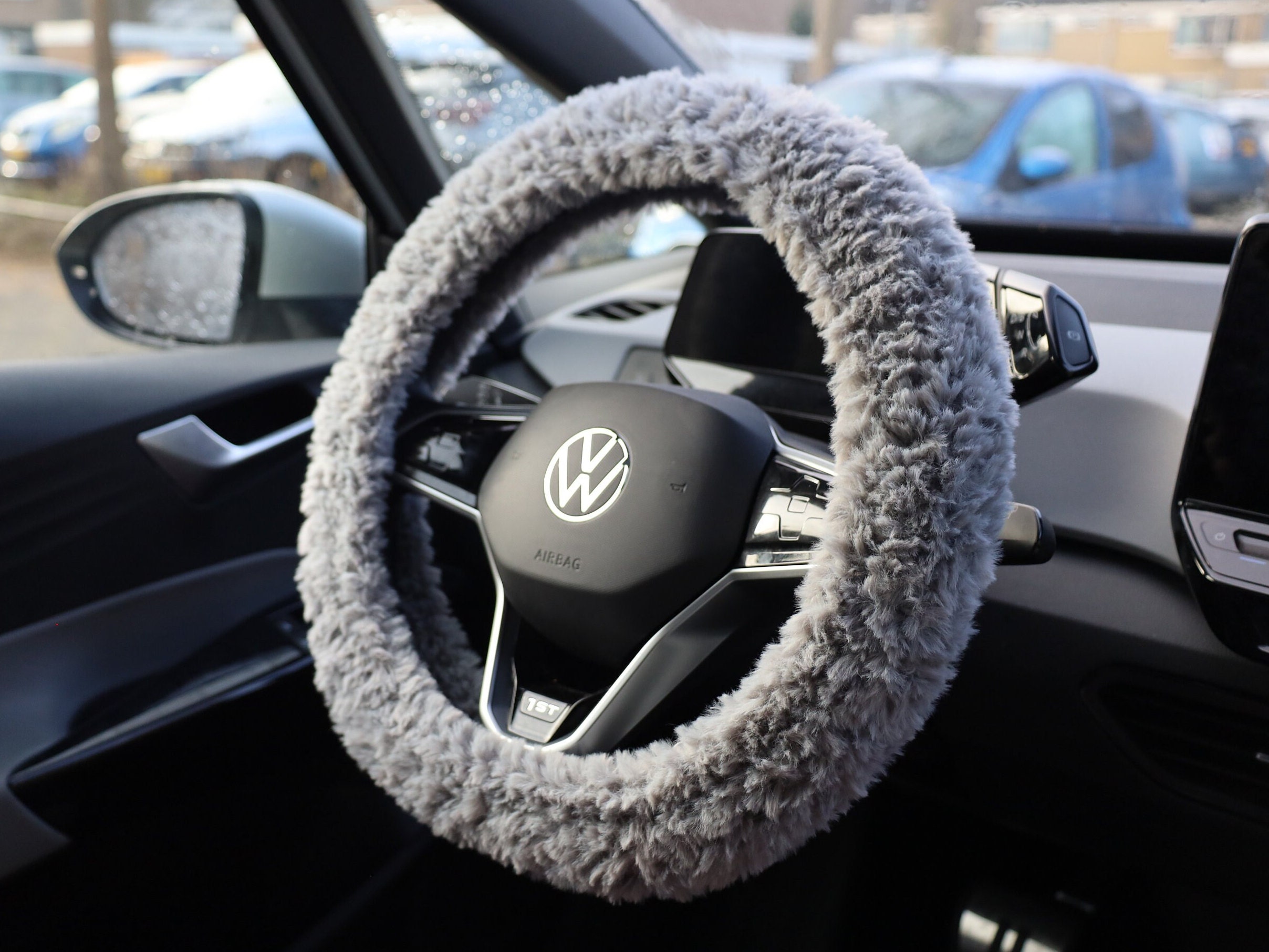 Cute Fluffy Soft Grey Car Steering Wheel Cover, Crochet Steering Wheel ...