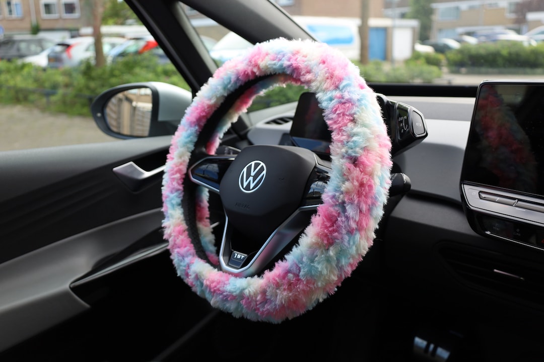 Cute Fluffy Soft Pink Rainbow Steering Wheel Cover, Fuzzy Crochet ...