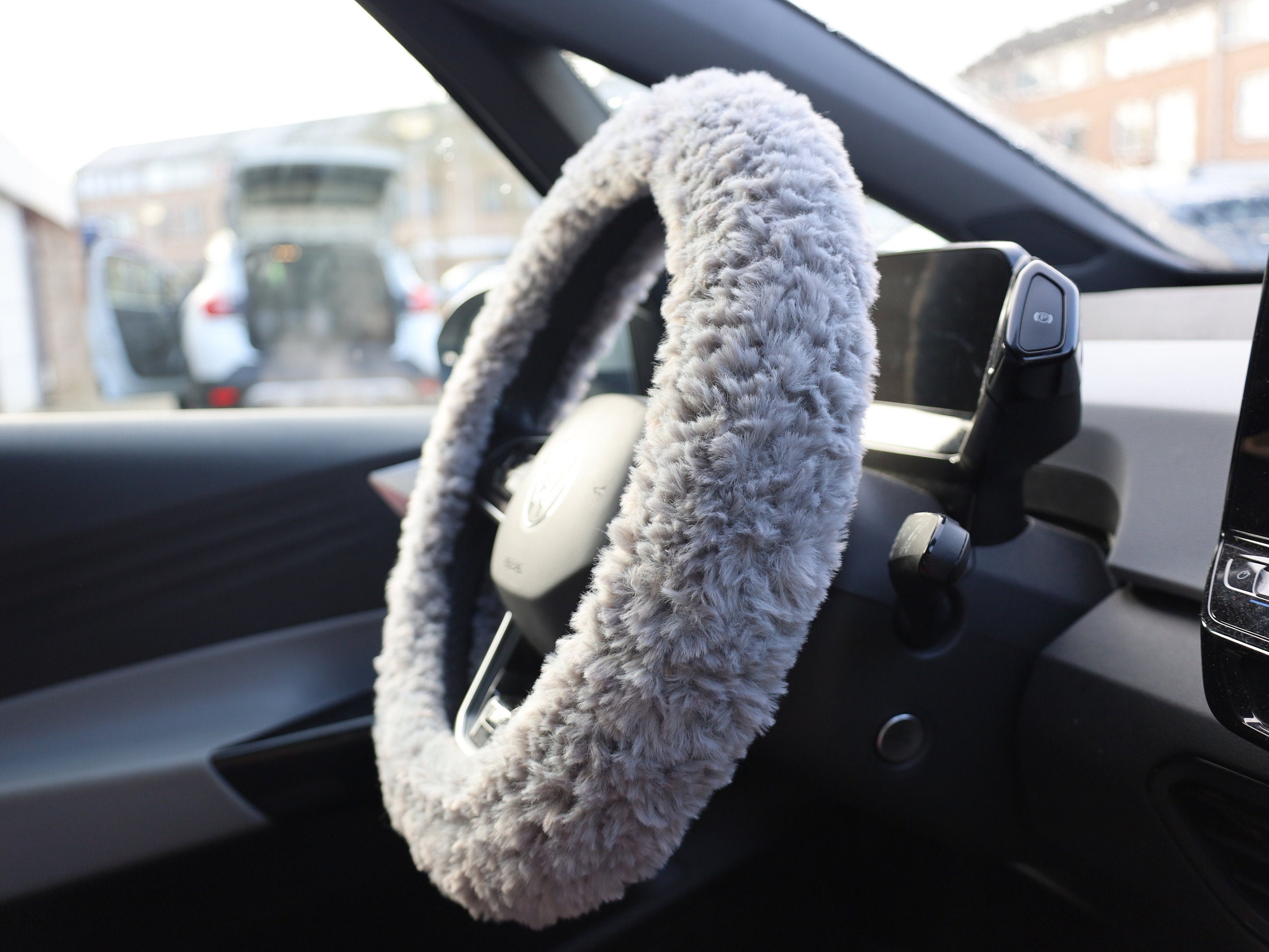 Cute Fluffy Soft Grey Car Steering Wheel Cover, Crochet Steering Wheel ...