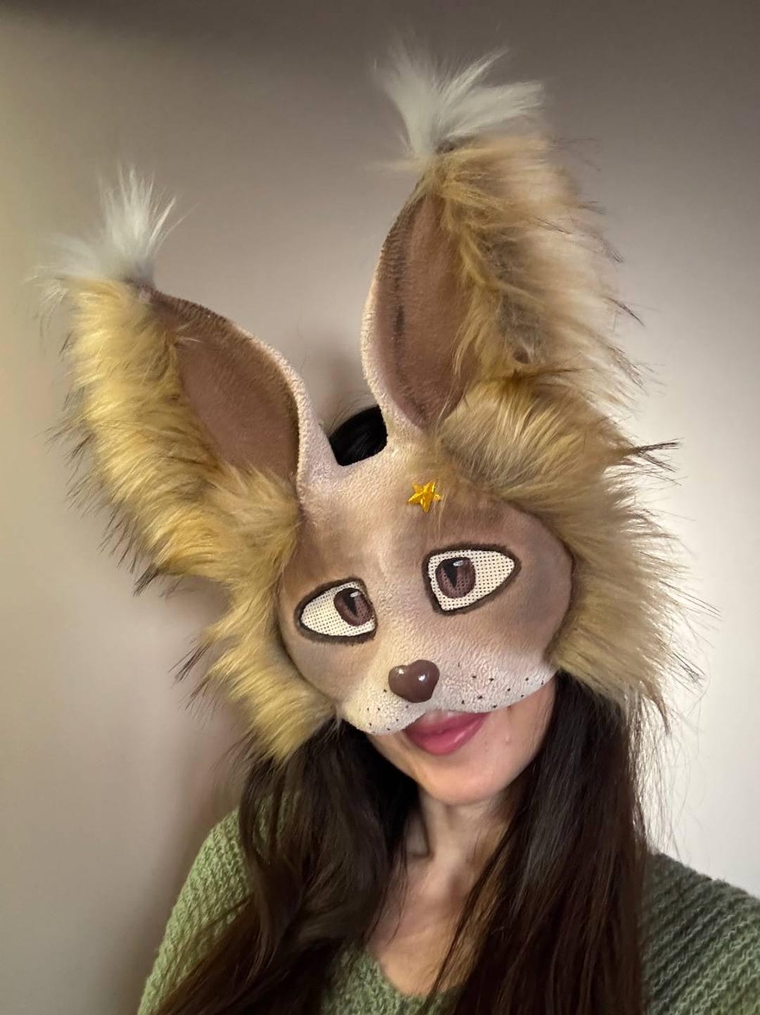 Therian Cat Mask Faux Fur Beige Long Fluffy Ears Realistic Animal Face ...