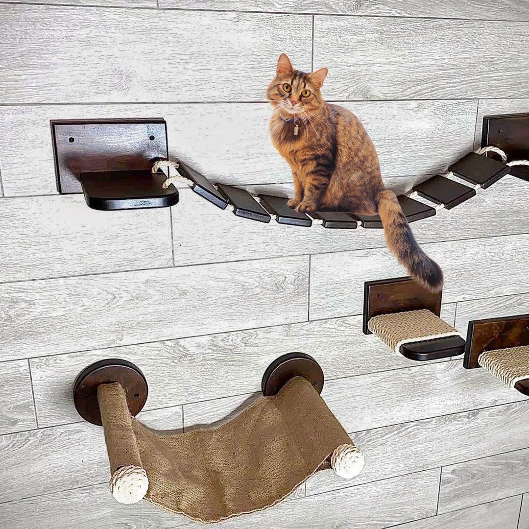 Cat Bridge & Playhouse Combo Rustic Wood Cat Furniture for Fun Purring ...