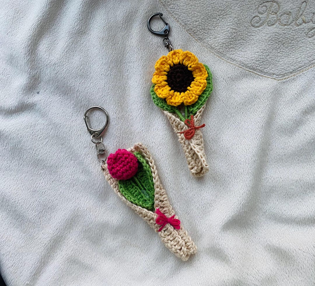 Set of 2 Crochet Flower Bouquet Keychains – Handmade Cotton Mini ...