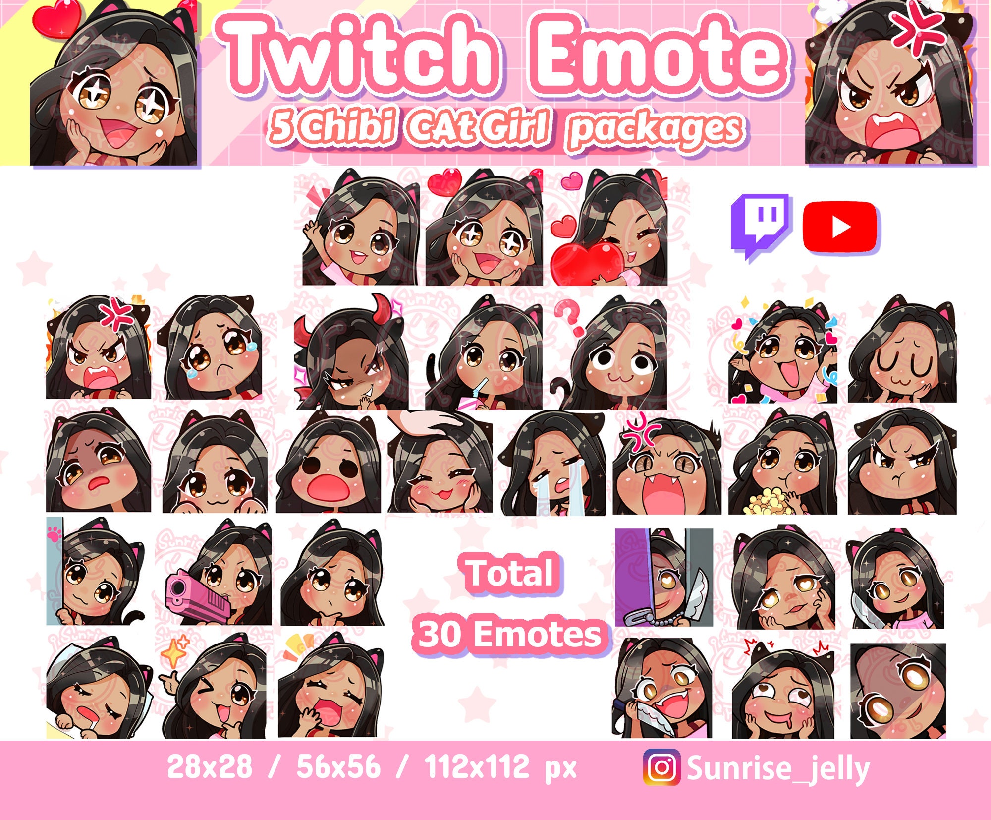 Twitch Emotes MEGA Pack Black Hair Brown Eyes / Tan / Chibi | Etsy