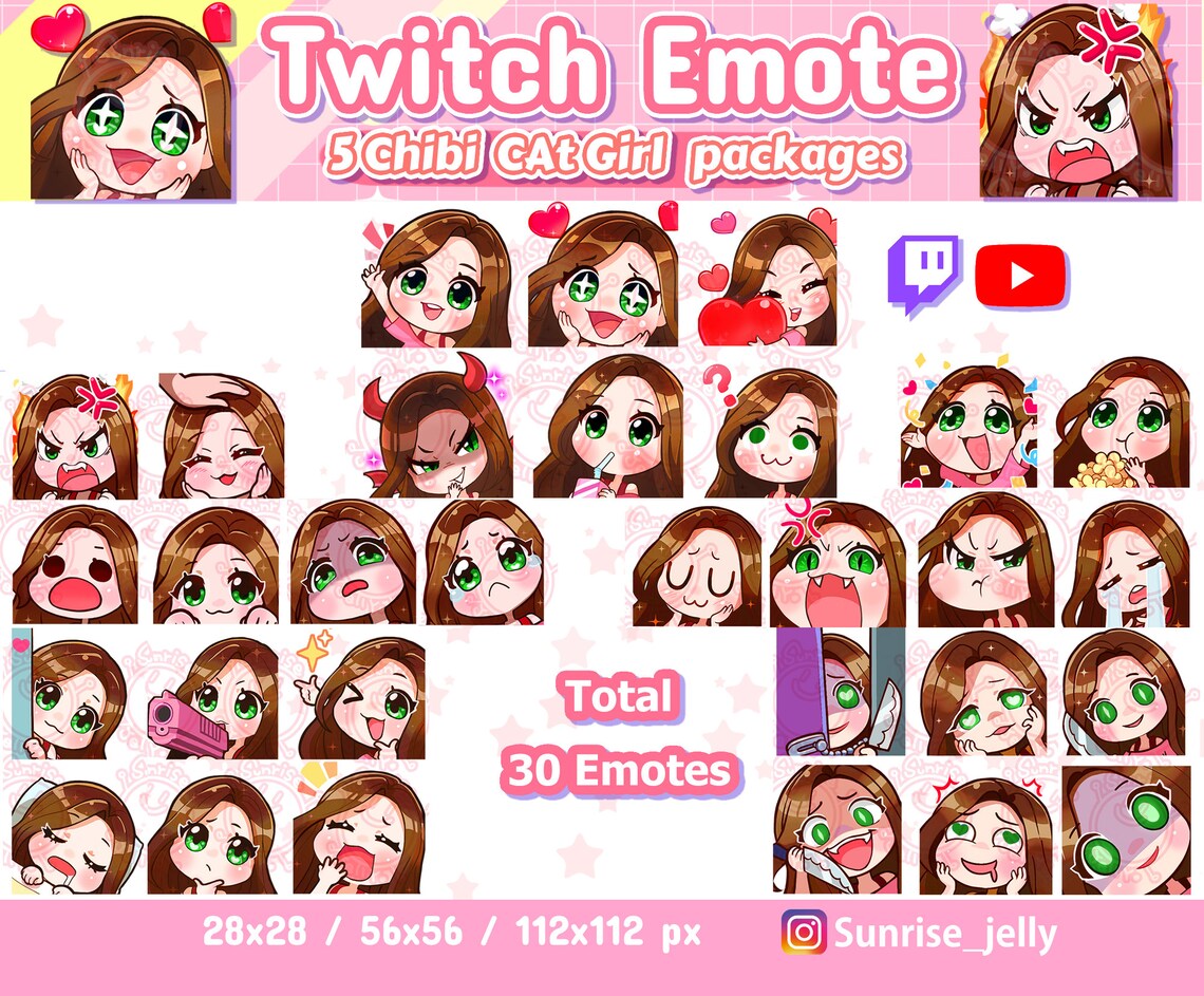 Twitch Emotes MEGA Pack / Brown Hair Green Eyes / Chibi Girl / | Etsy