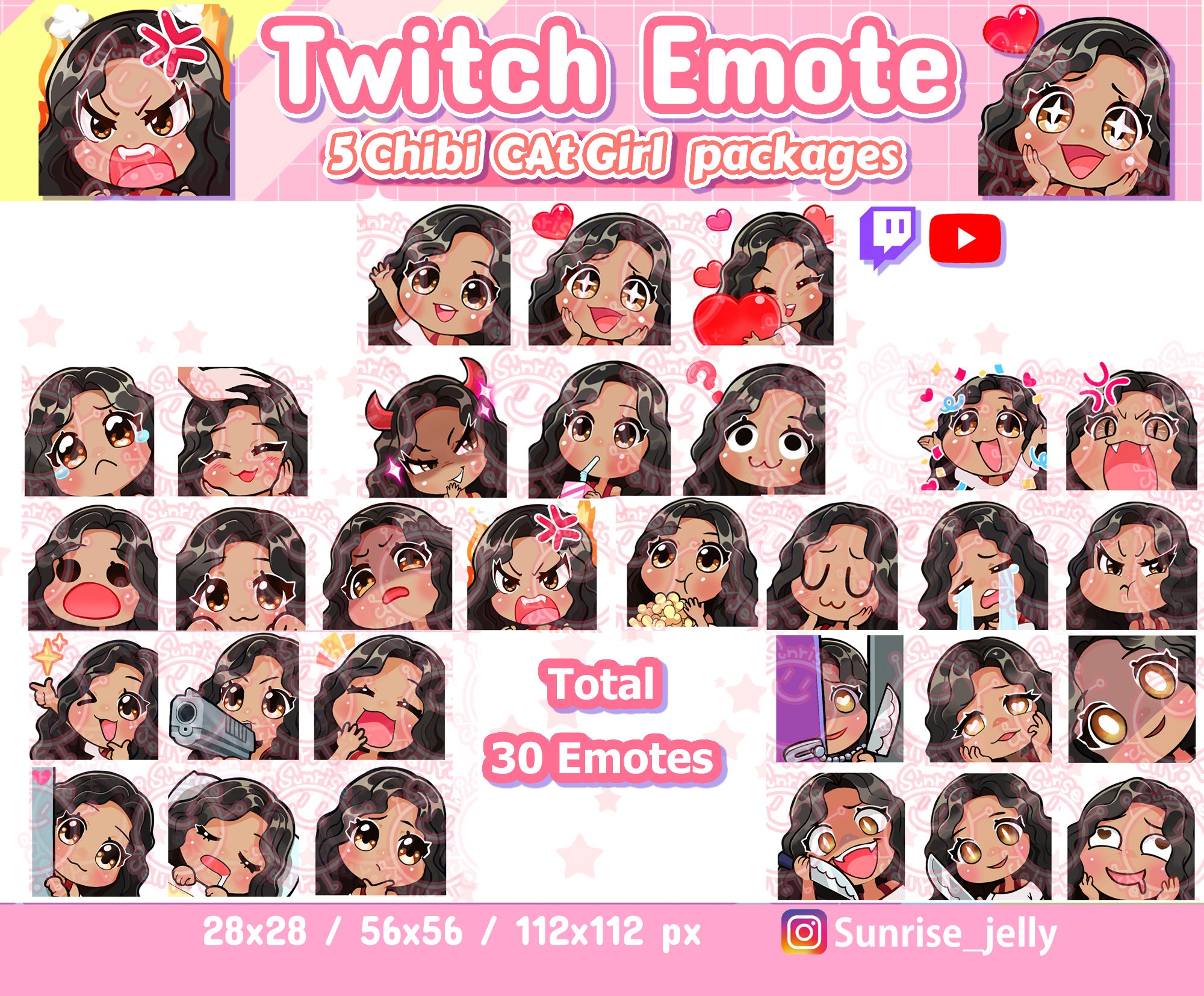 Twitch Emotes Mega Pack Curly Black Hair Brown Eyes Tan Etsy