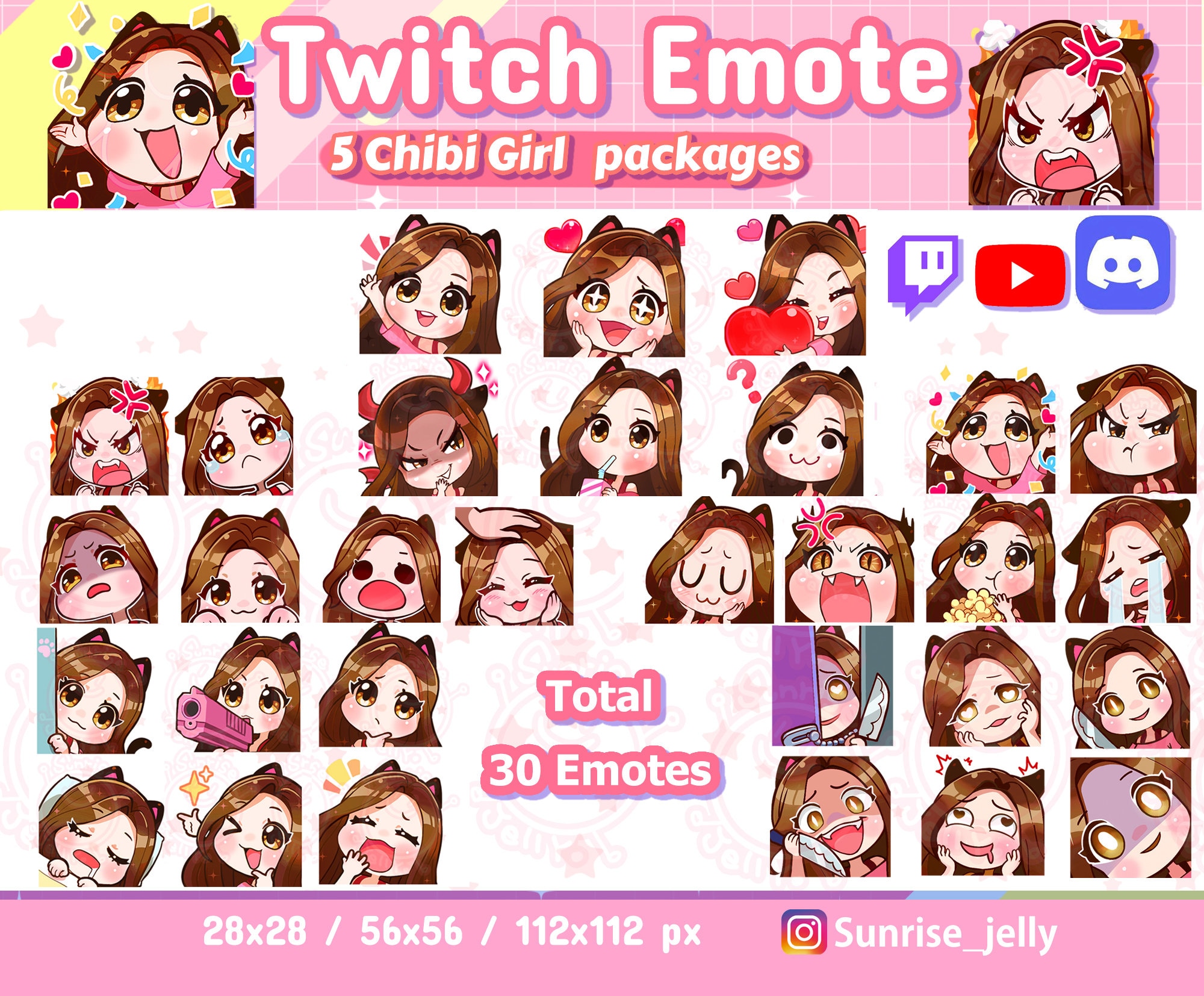Twitch Emotes / Brown Hair Brown Eyes / Chibi Girl / Twitch - Etsy