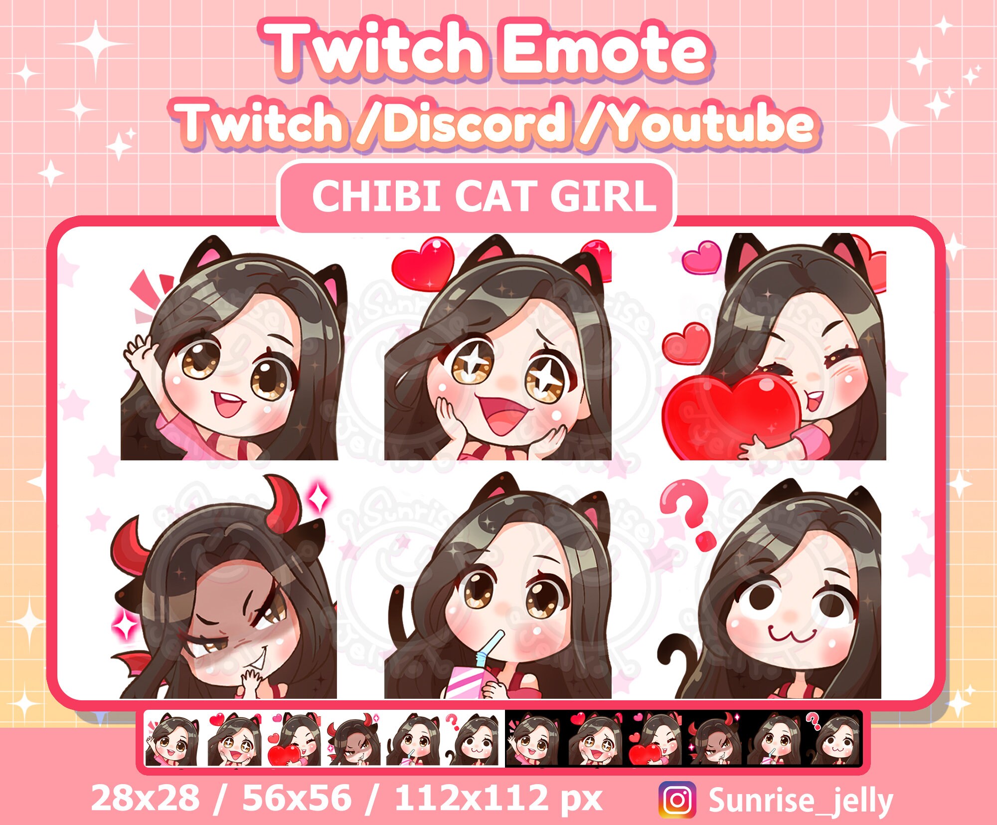 Twitch emotes / Ojos marrones de pelo negro / Chibi Girl / | Etsy