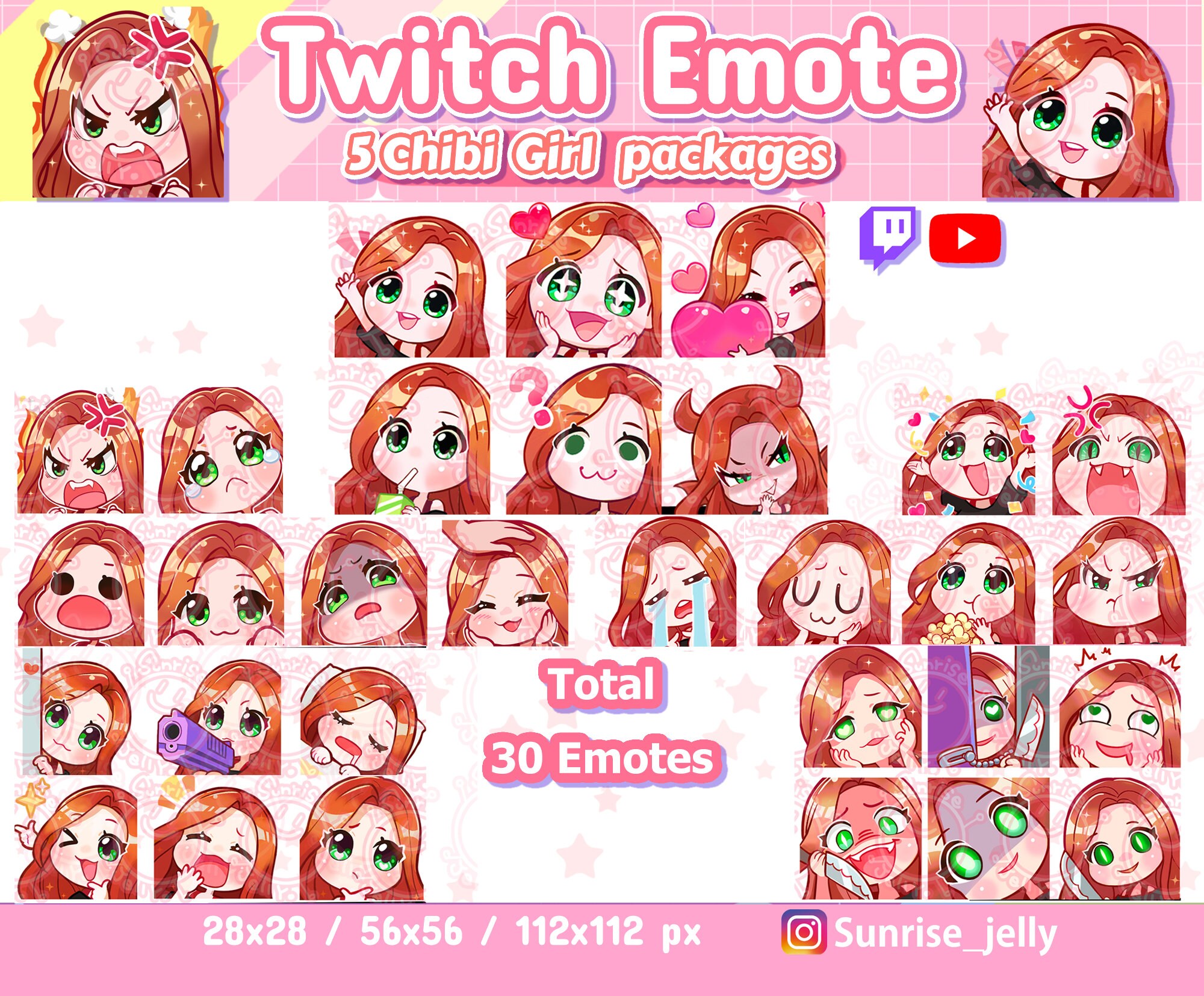Twitch Emotes / Red Hair Green Eyes / Chibi Girl / Twitch - Etsy