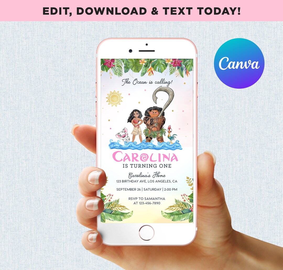 Moana Birthday Invitation Girl Mobile Phone Text Party Electronic Email ...