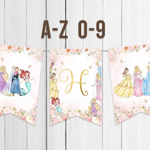 Printable Banner Letters A to Z First Birthday Princess Gold Royal Rose ...