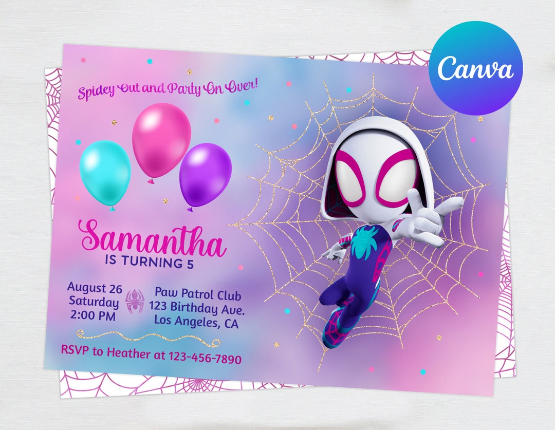 Spidey Friends Spider Gwen Birthday Invitation Girl Spiderman Party ...