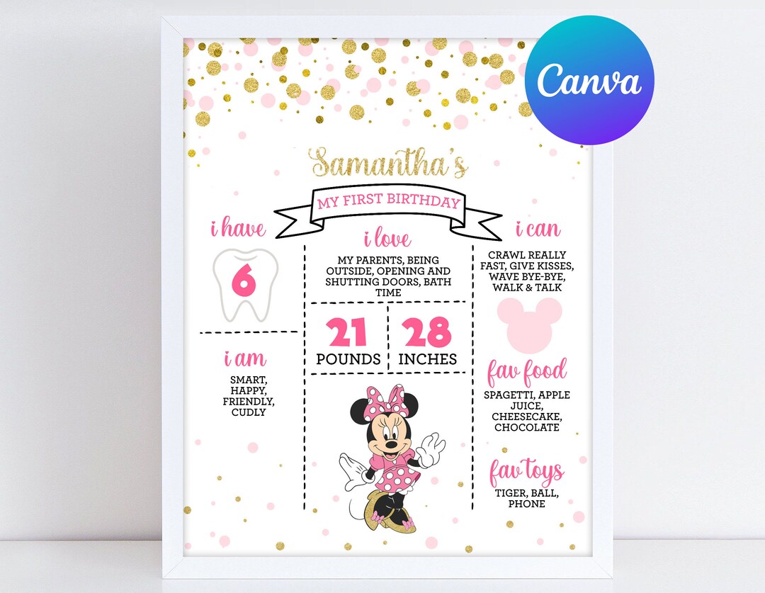 Minnie Mouse First Birthday Milestone Board Girl Minnie 1st Birthday ...