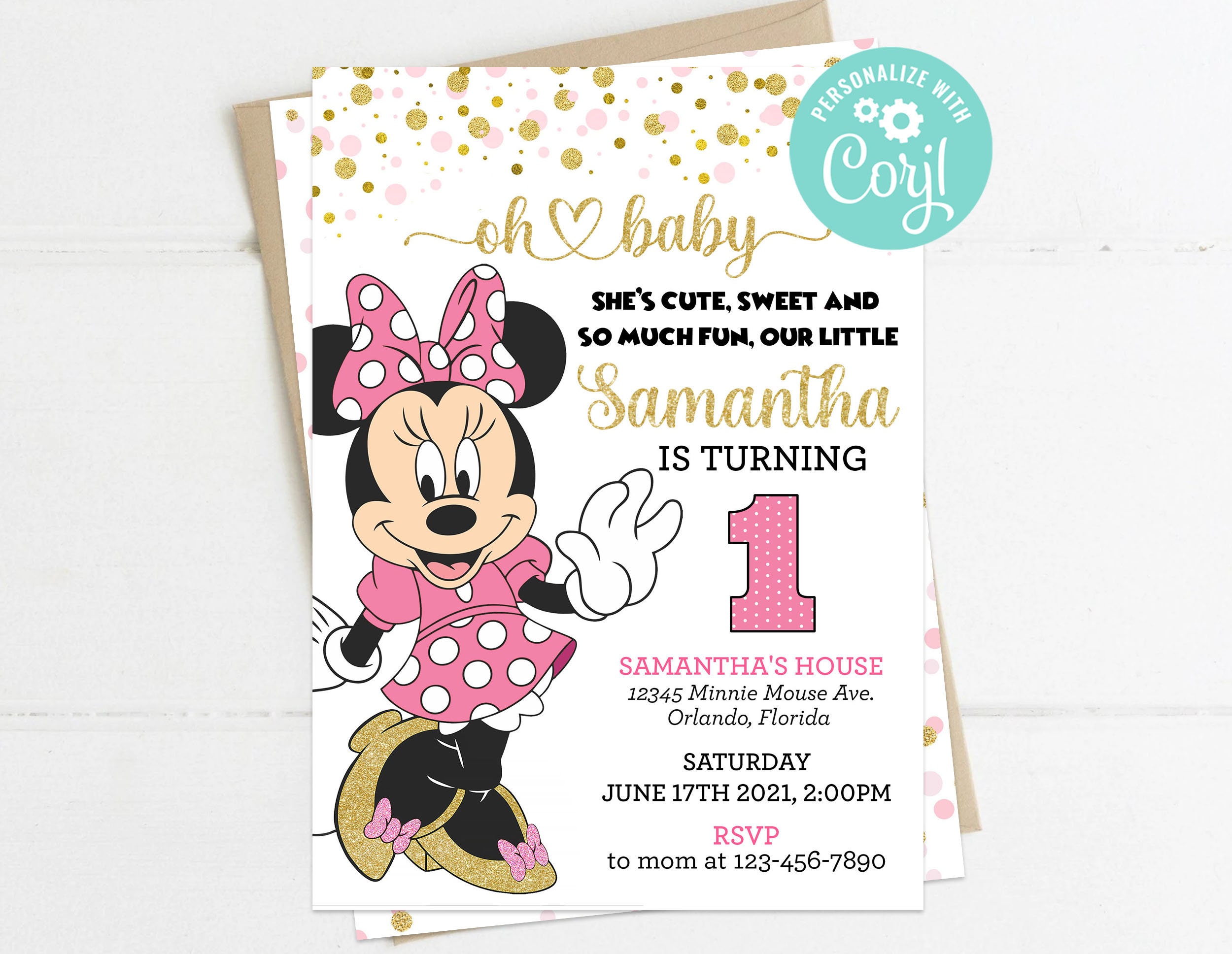 Minnie Mouse First Birthday Invitation Girl Minnie 1st Birthday Party ...