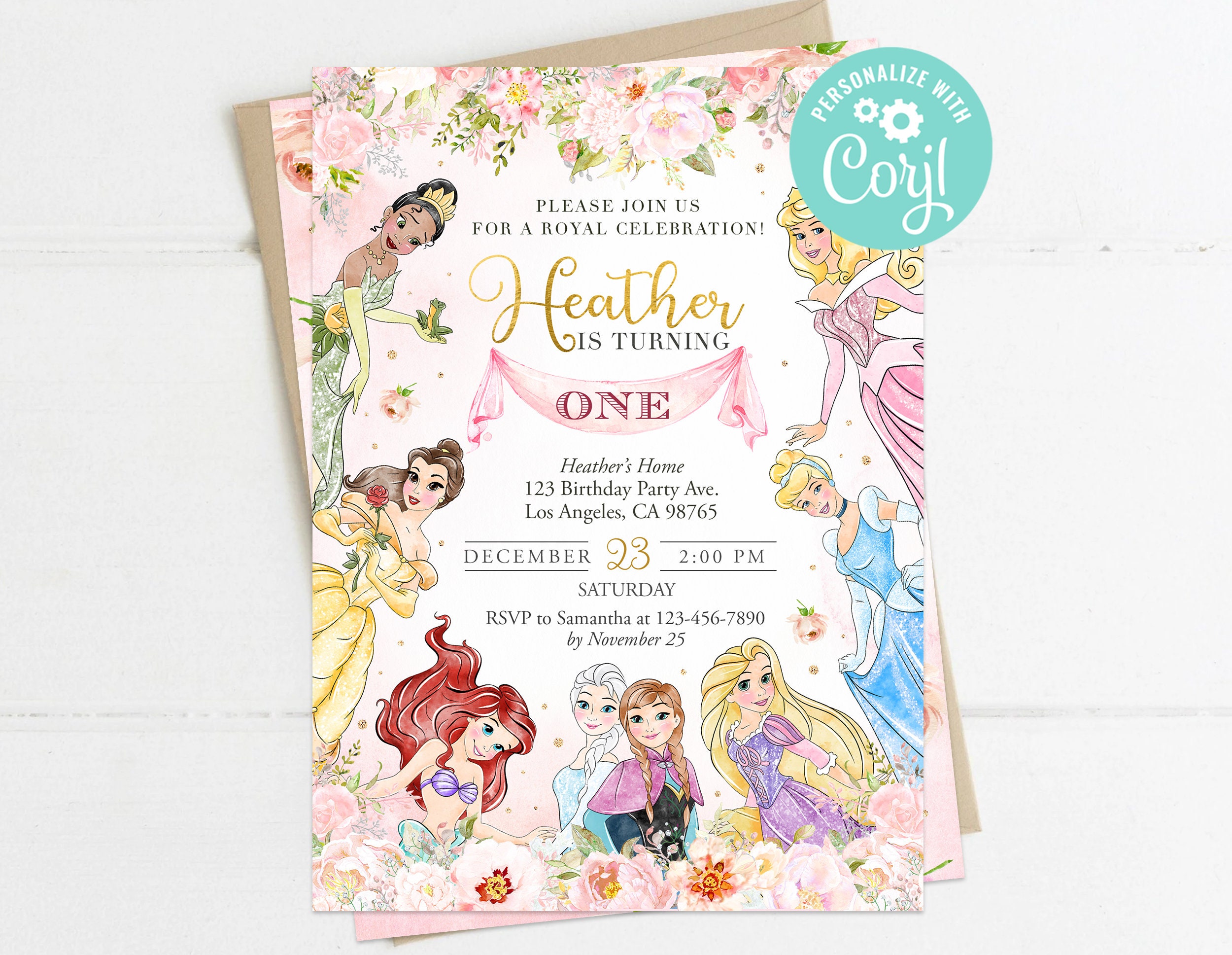 Princess First Birthday Invitation Royal Rose Girl Celebration Invite ...