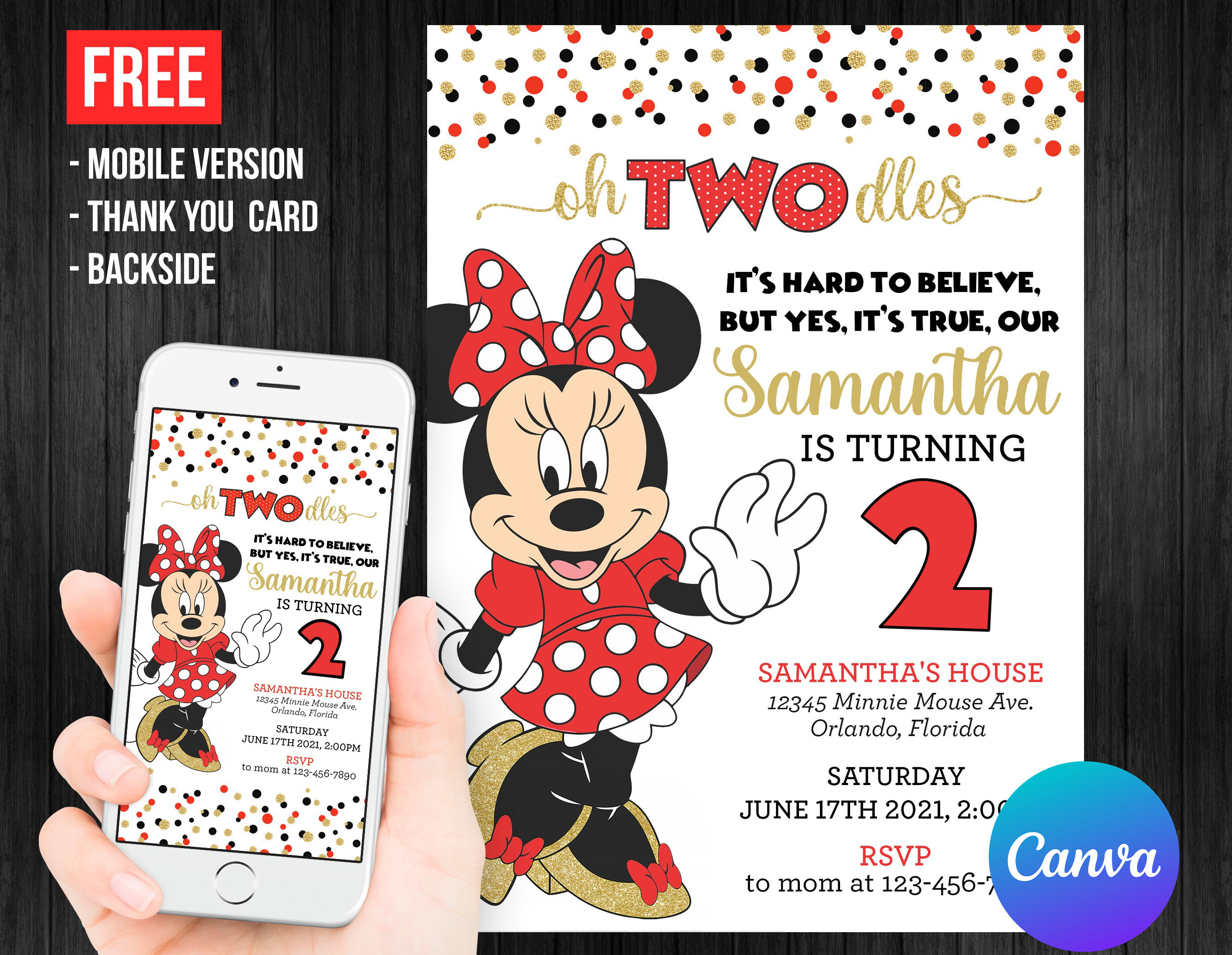 Oh Twodles Minnie Mouse Second Birthday Invitation Girl Electronic or ...
