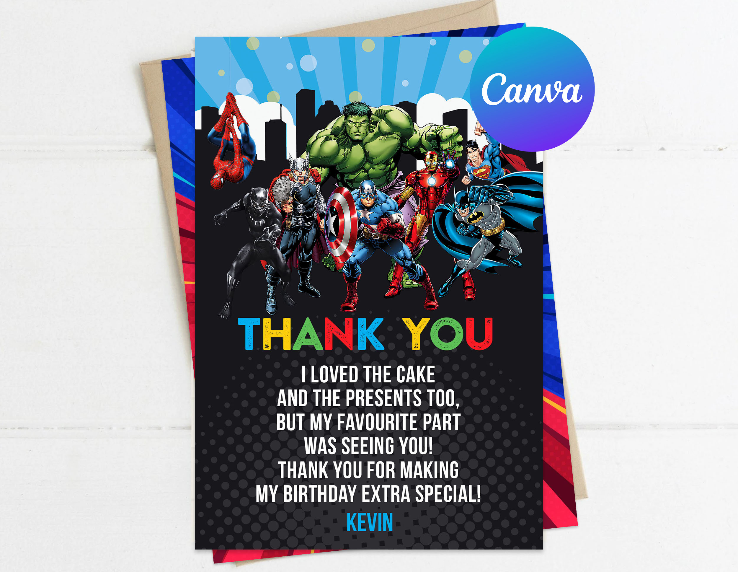Superhero Thank You Card Boy Avengers Party Decoration Printable ...
