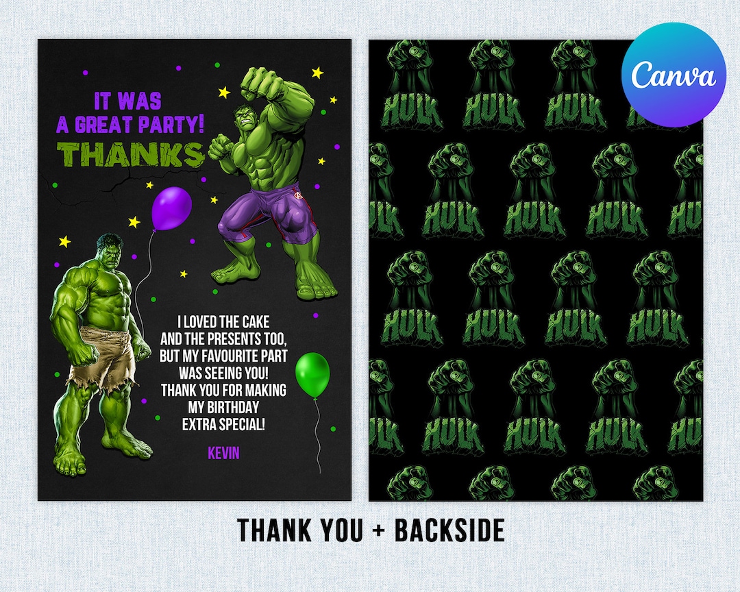 Hulk Birthday Boy Superhero Thank You Card Avengers Printable Editable ...